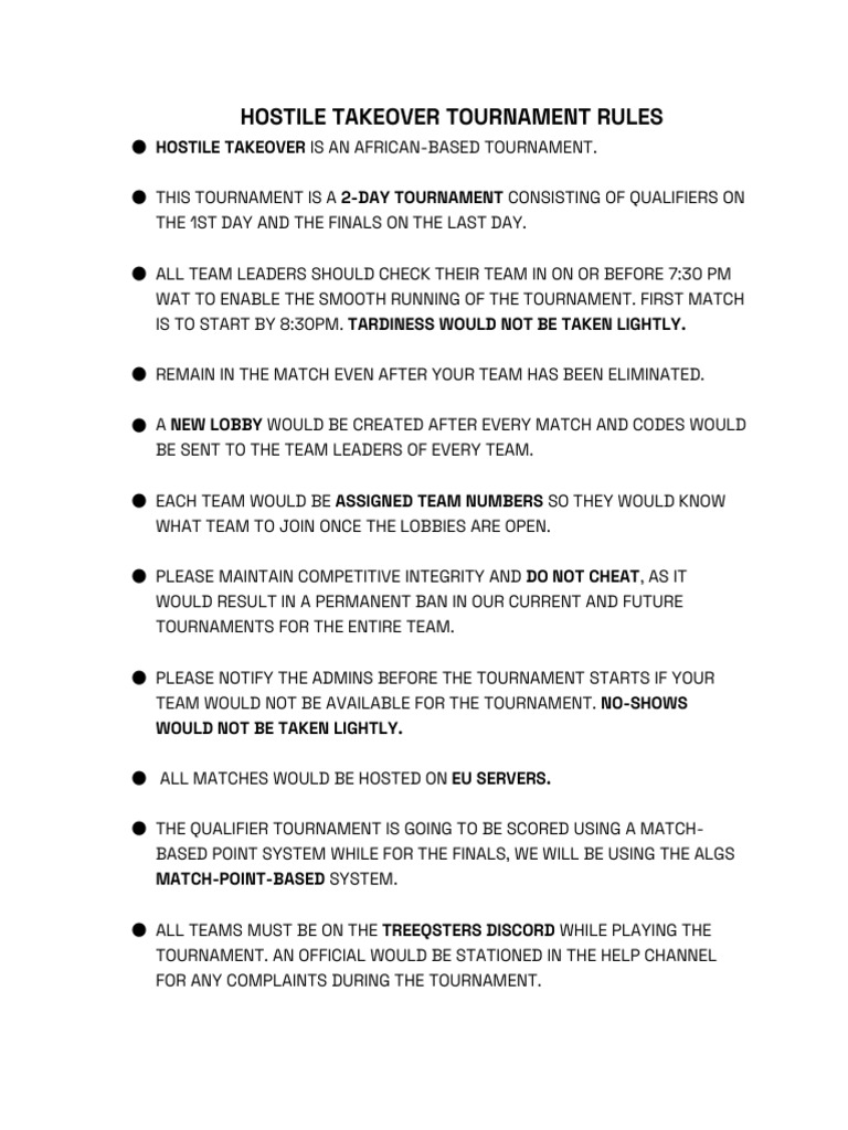 Hostile Takeover Tournament Rules | PDF