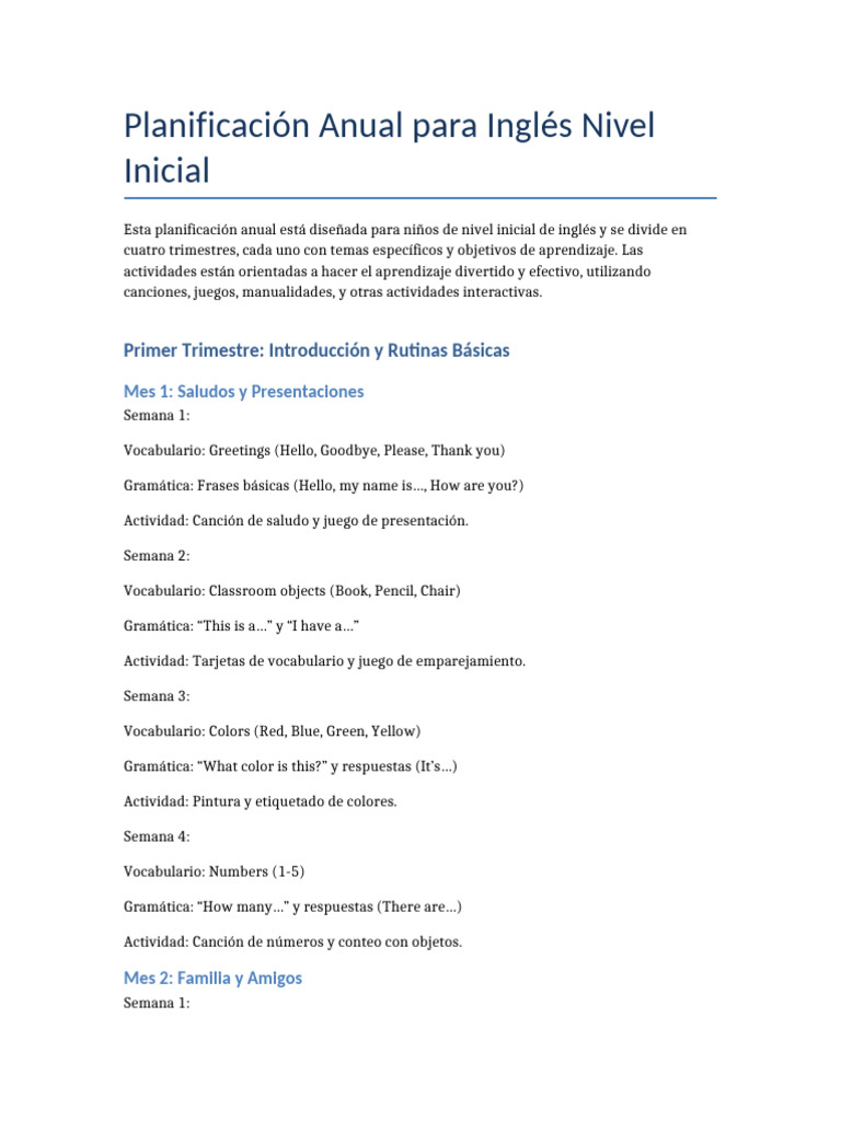 Planificacion Anual Ingles Nivel Inicial | PDF