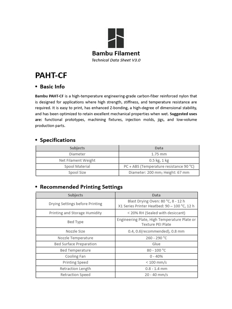 Bambu PAHT-CF Technical Data Sheet V2 | PDF | Building Engineering ...
