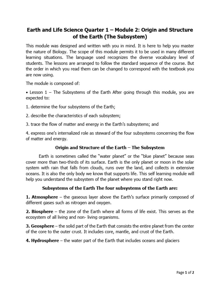 Module 2 Origin and Structure of The Earth The Subsystem | PDF | Earth Sciences | Earth