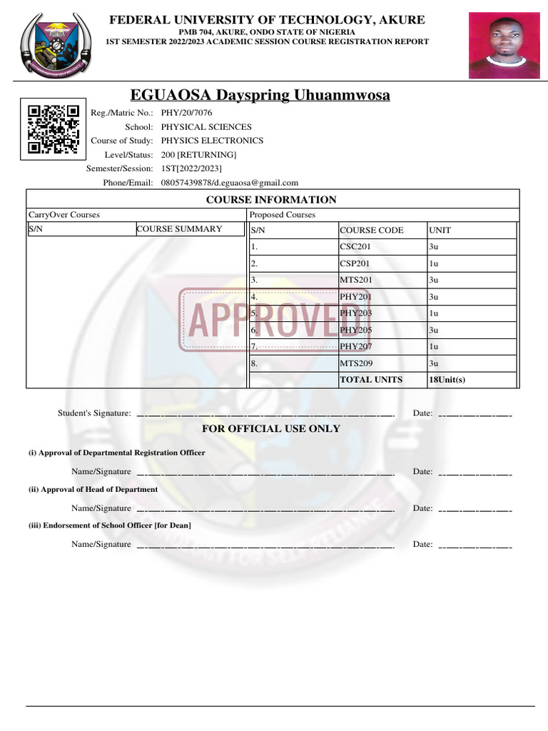Approved First Semester Course Registration | PDF