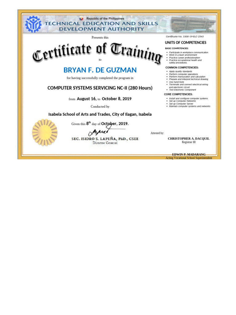 517125540-TESDA-Sample-Training-Certificate 2 | PDF | Electrical ...