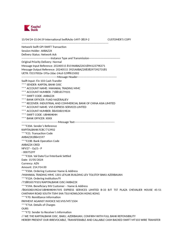 MT 103 Skyhigh It Solutions Limited | PDF | Payments | Banking