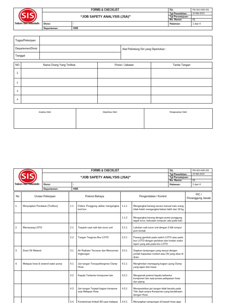 FM-SIS-HSE-001 - Job Safety Analysis (JSA) - Assembly Wetend | PDF