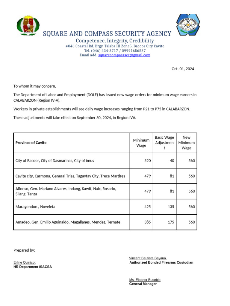 DOLE WAGE INCREASE LETTER | PDF