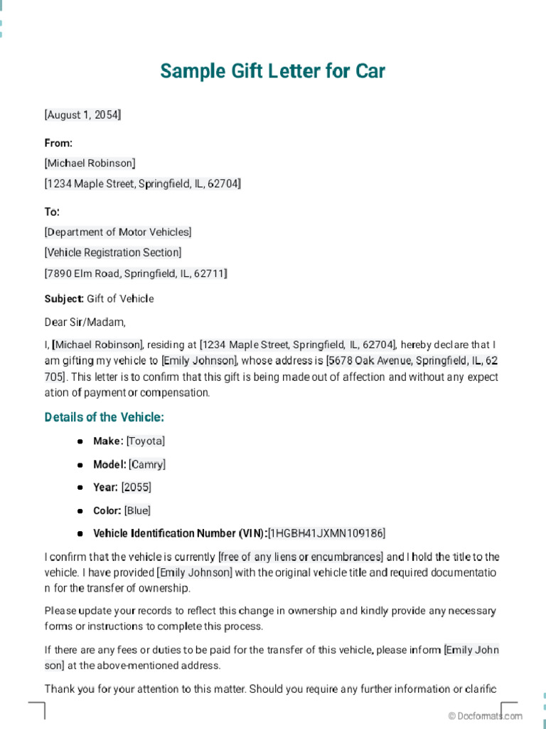 Sample Gift Letter For Car - Word - Phoenix | PDF