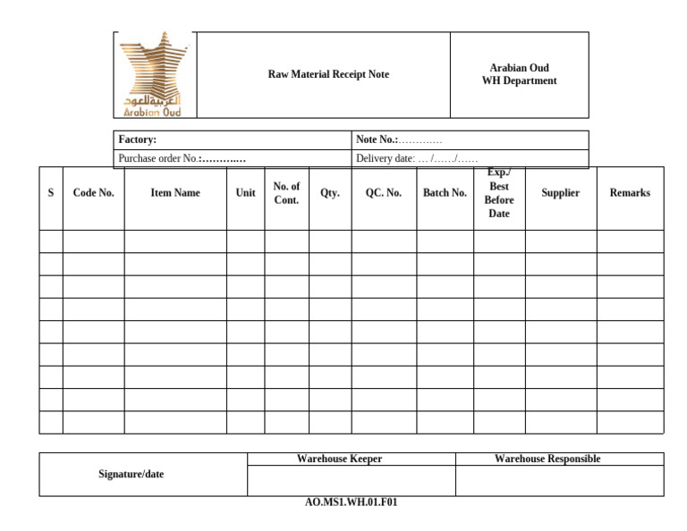 AO - MS1.WH.01.F01 Raw & Packaging Material Receipt | PDF