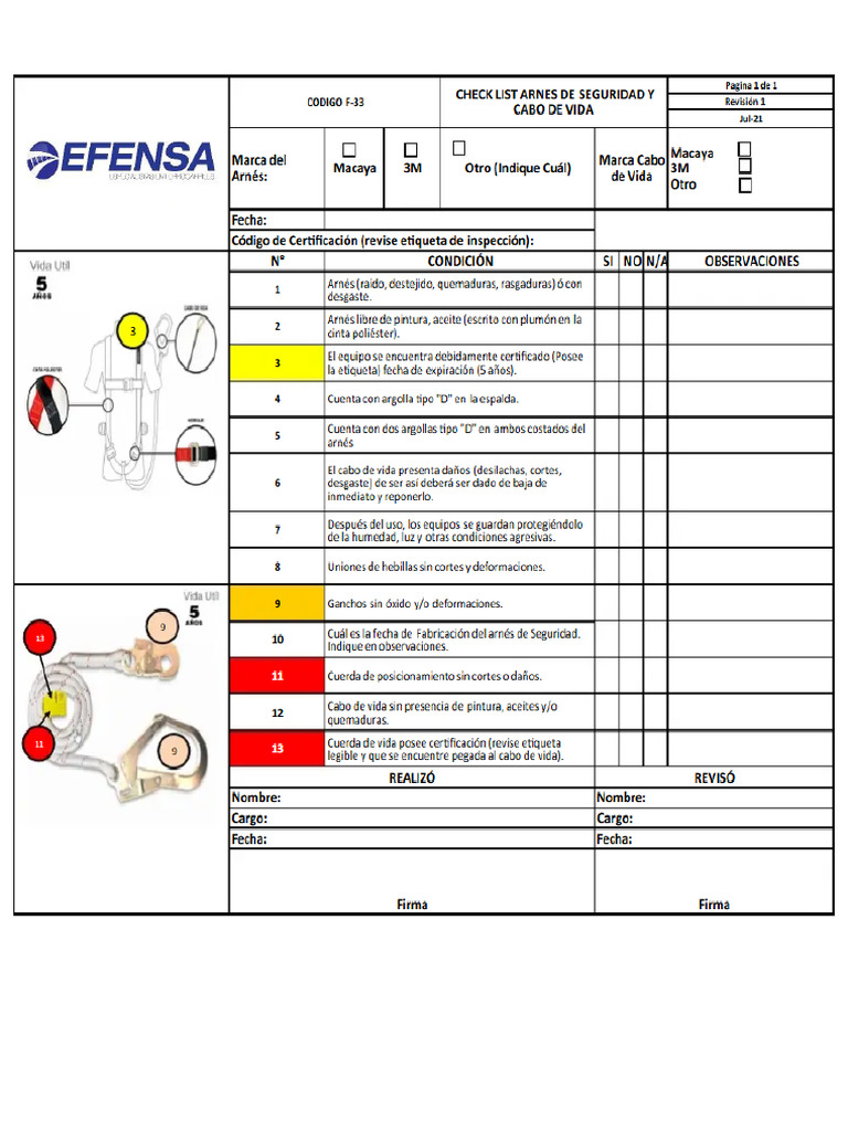 Check List arnes y linea de vida | PDF