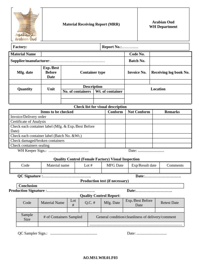 AO - MS1.WH.01.F03 Material Receiving Report MRR | PDF | Quality