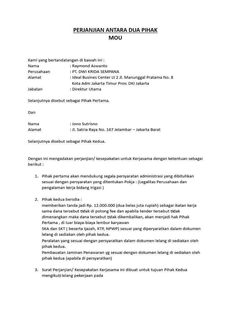 Perjanjian Antara Dua Pihak DKS Dan Jono | PDF