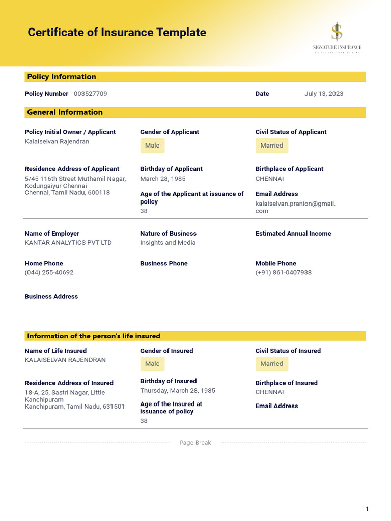 Certificate of Insurance Template | PDF | Insurance | Life Insurance