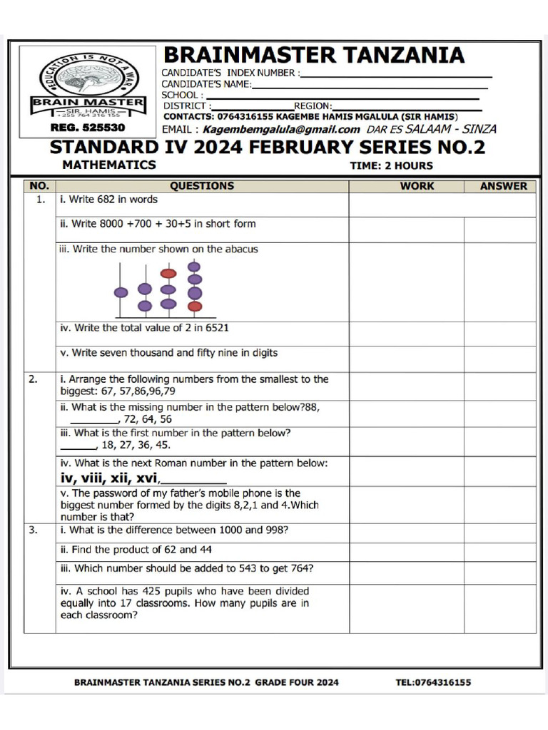 Brainmaster Tanzania?? Math G4 Series No. 2 2024 | PDF