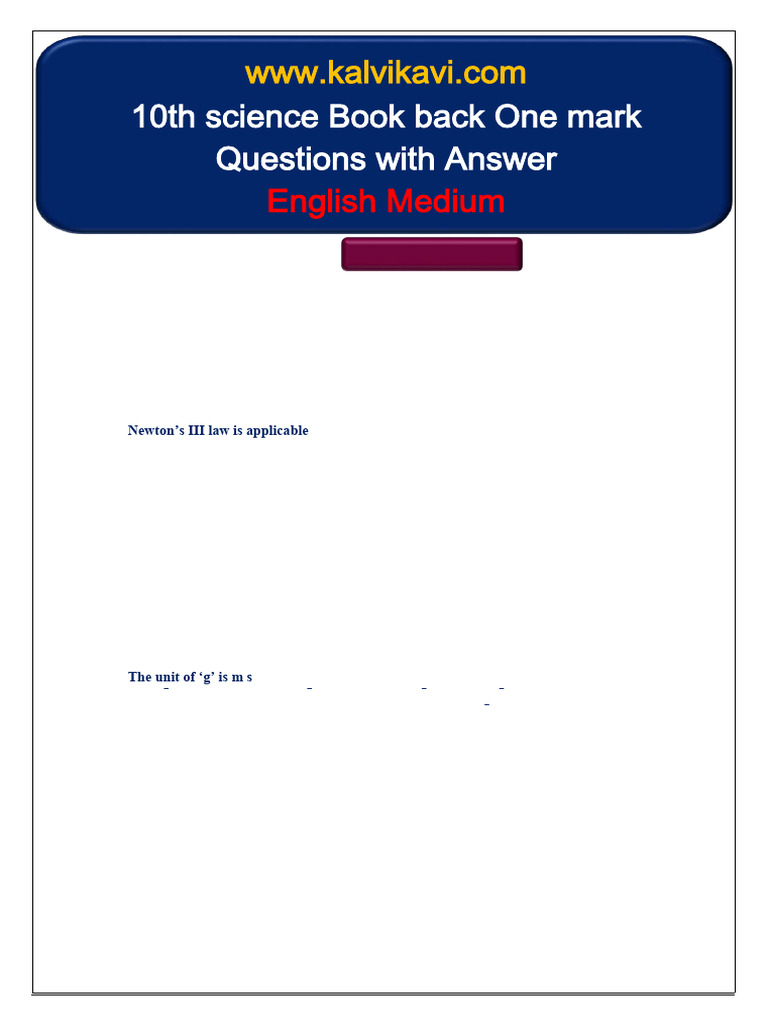 10th Science 1 Mark Study Material em 219091 | PDF | Force | Mass