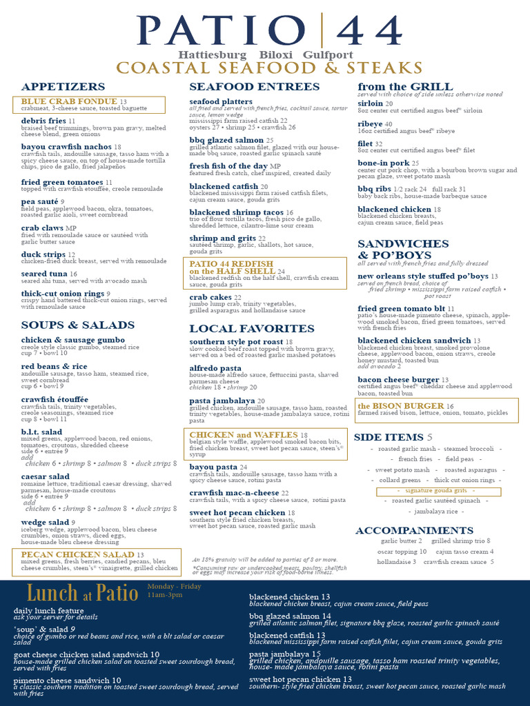 patio44-menu | PDF | Cajun Cuisine | Louisiana Creole Cuisine