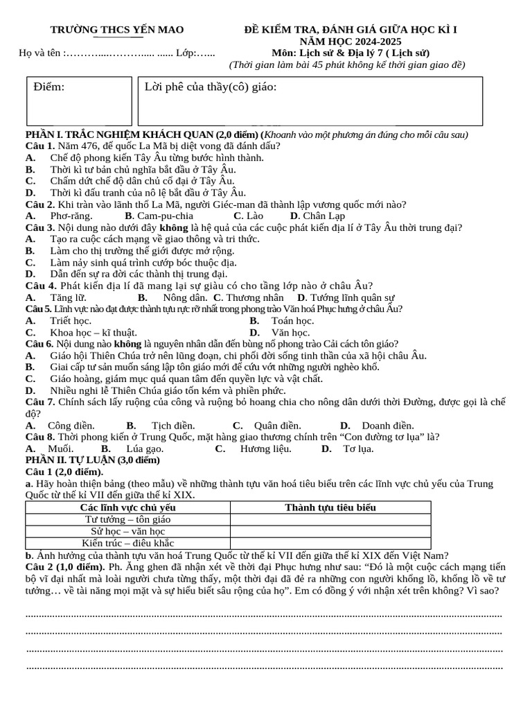 Lời phê của thầy (cô) giáo: Điểm | PDF