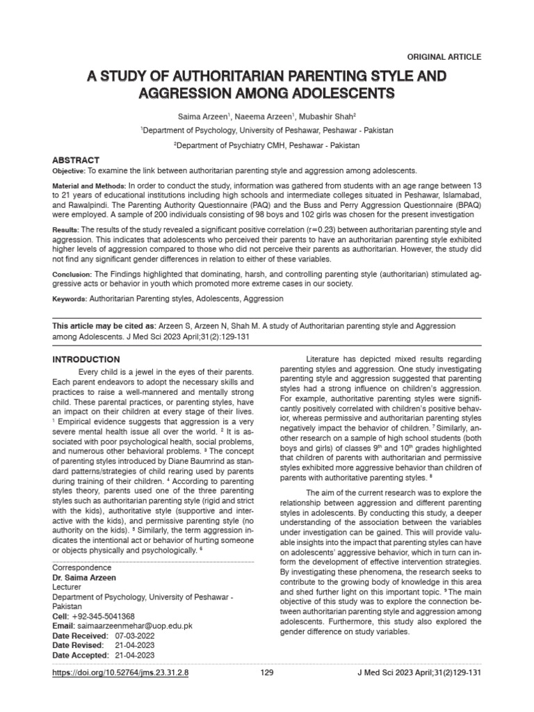 A Study of Authoritarian Parenting Style and Aggression Among ...