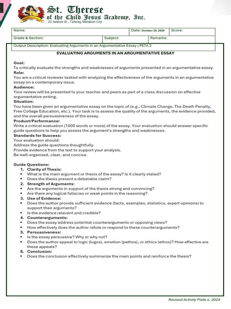 Evaluating Arguments in Essays | PDF | Essays | Argument