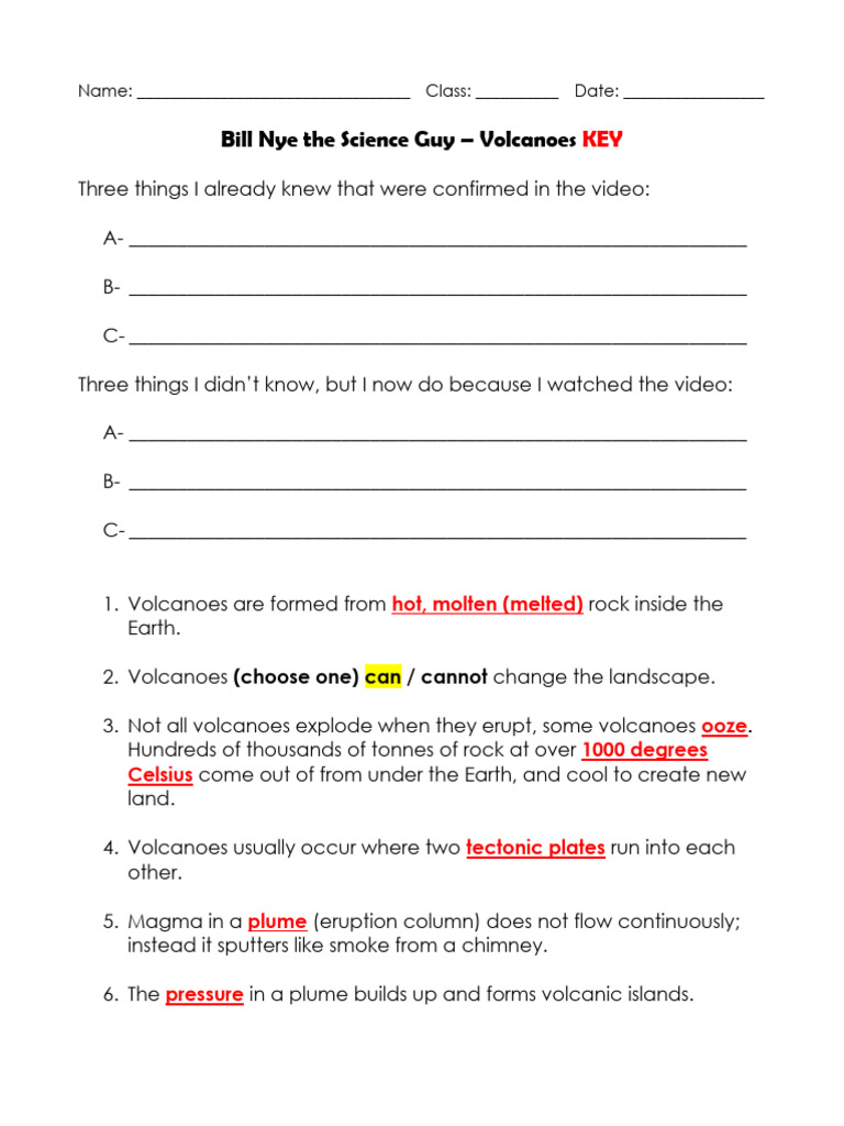 15 - Bill - Nye - Volcanoes - Worksheet - Key 4 | PDF | Social Science ...
