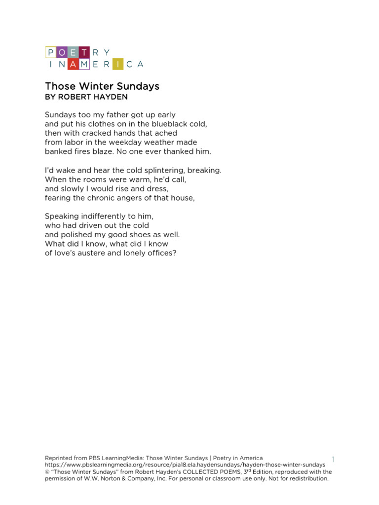 Pia18 Doc Hayden Those Winter Sundays | PDF