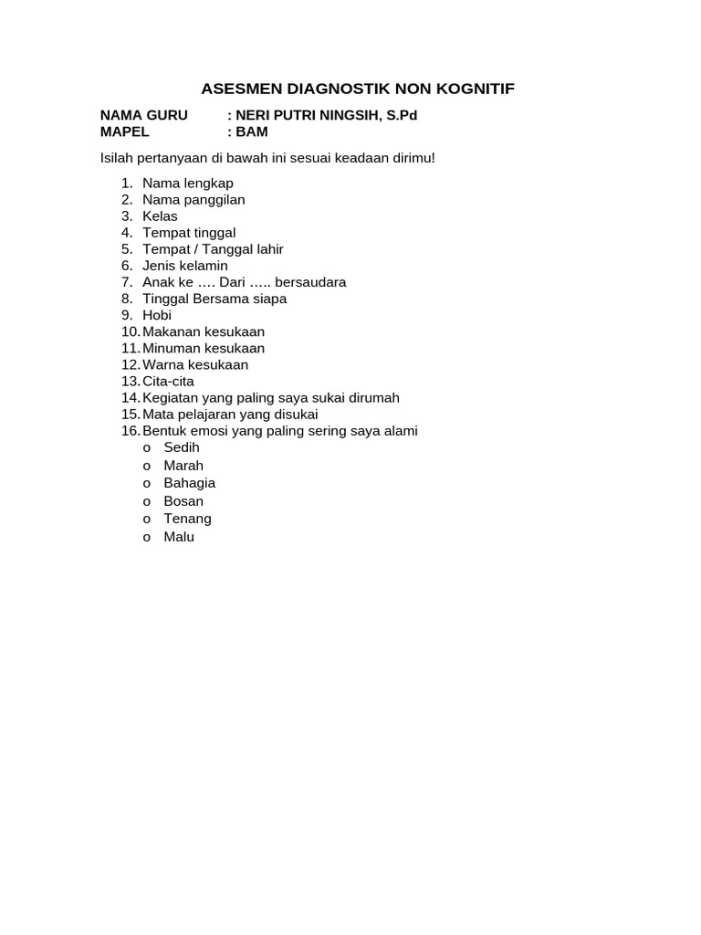 1. Asesmen Diagnostik Non Kognitif | PDF