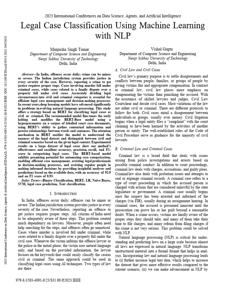 Legal Case Classification Using Machine Learning With NLP | PDF ...