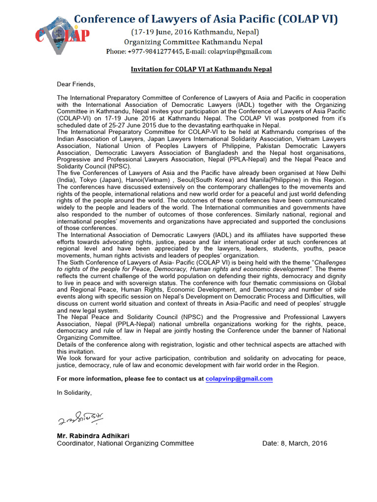 COLAP VI Conference Invitation - Kathmandu | PDF | Peace | Human Rights