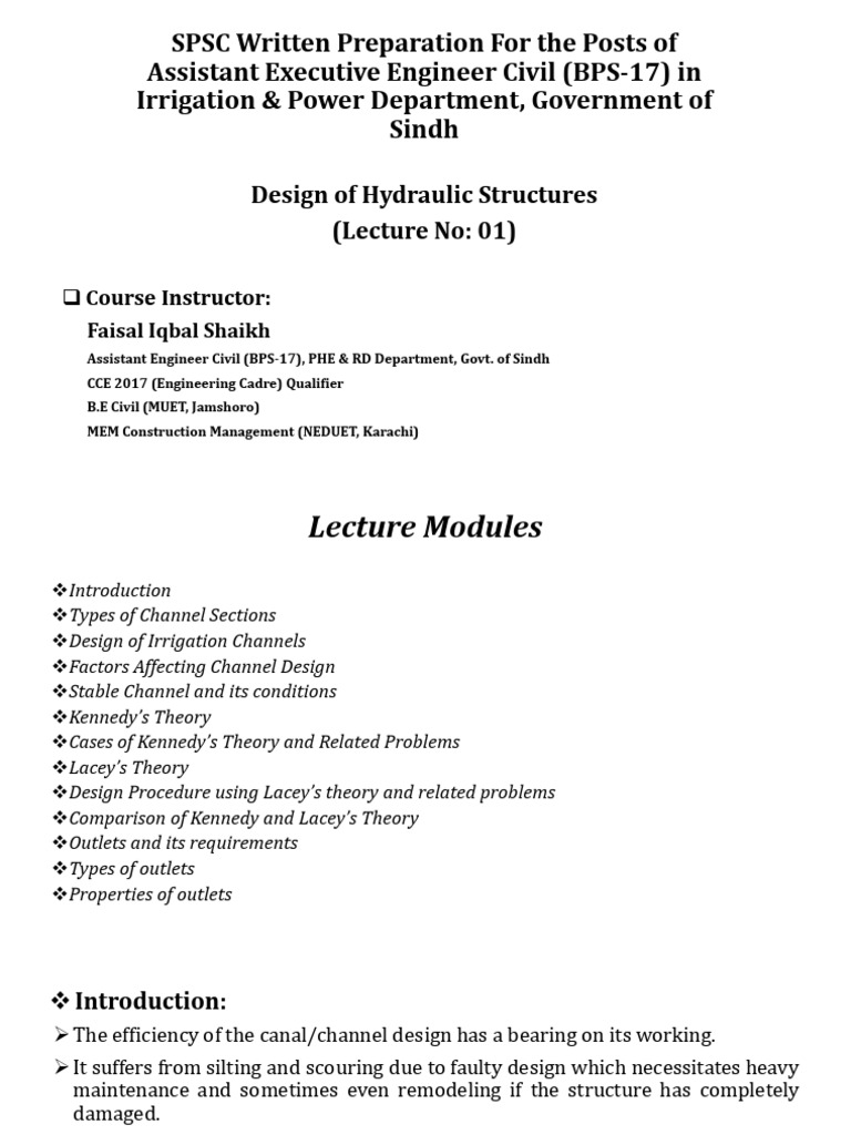 Lecture No 01 - Earthen Channel Design (Kennedy and Lacey Theory) and Outlets | PDF | Earth Sciences