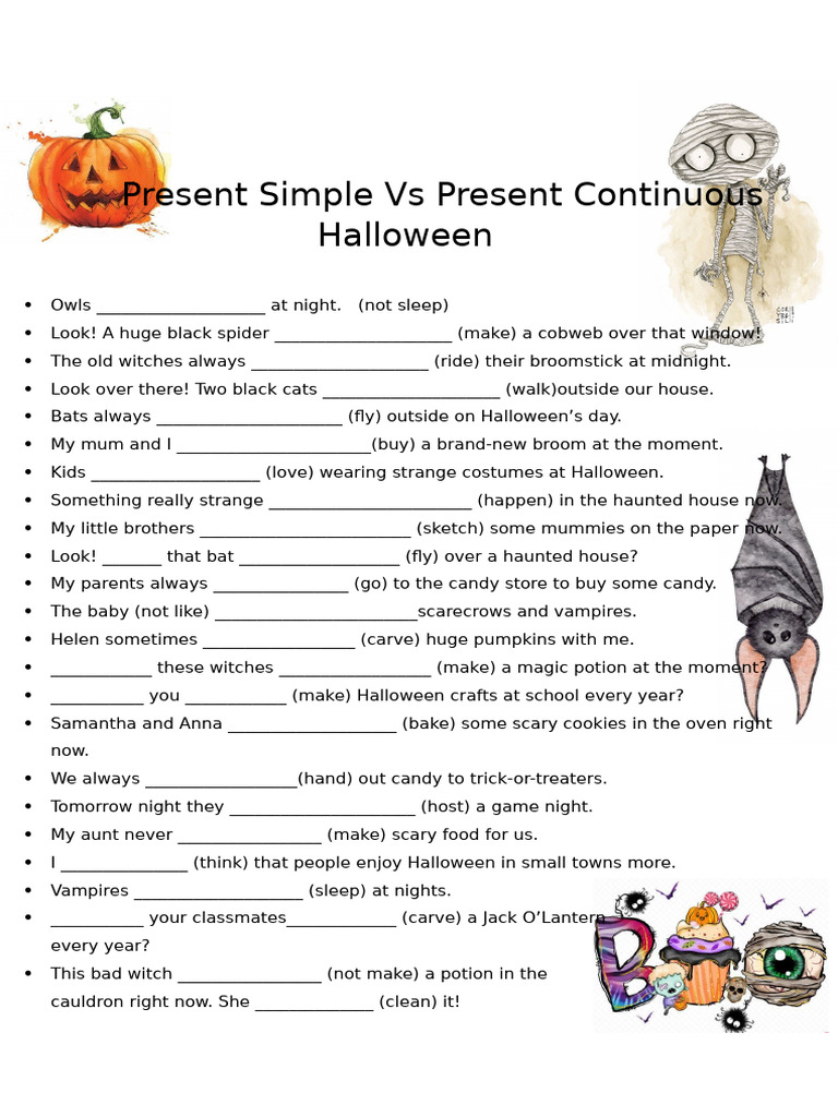 Halloween Sentences Simple Present Vs Present Continuous | PDF