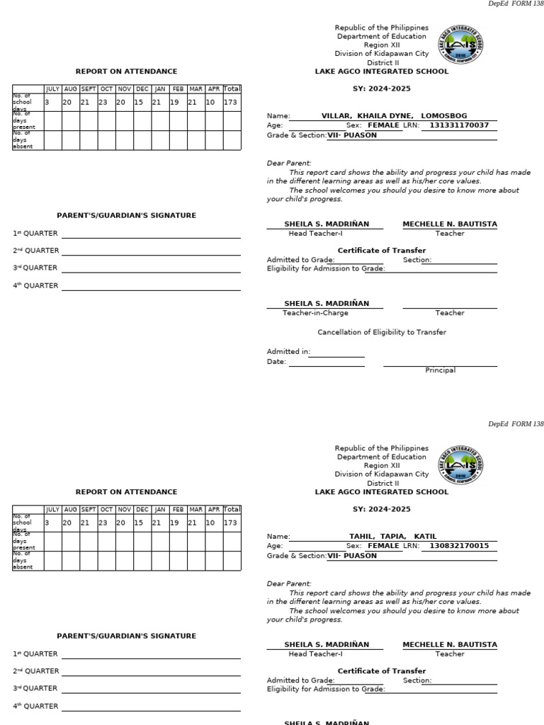 Form 138 Velila | PDF | Educational Assessment And Evaluation | Government