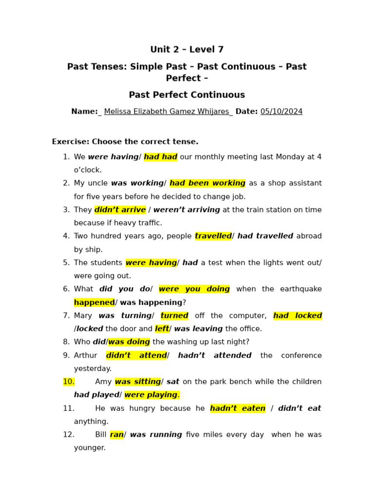 Past Tenses Exercises | PDF