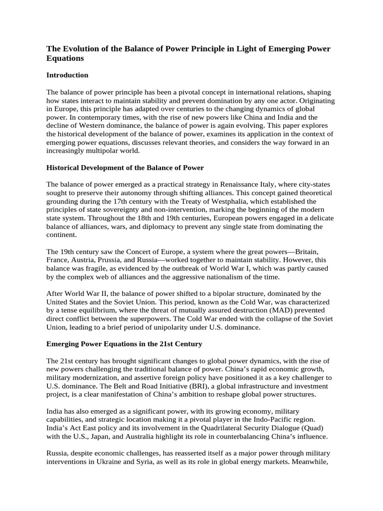The Evolution of The Balance of Power Principle in Light of Emerging ...