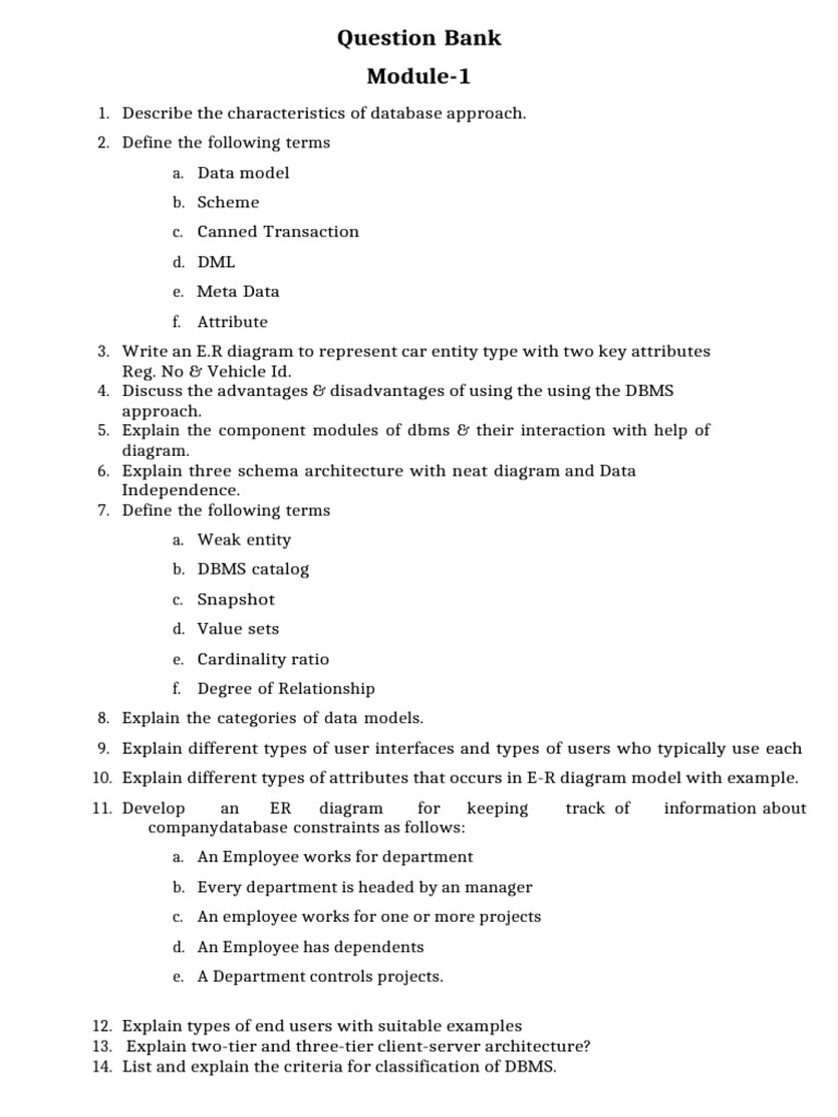 Question Bank DBMS (Module1,2) | PDF | Relational Model | Databases