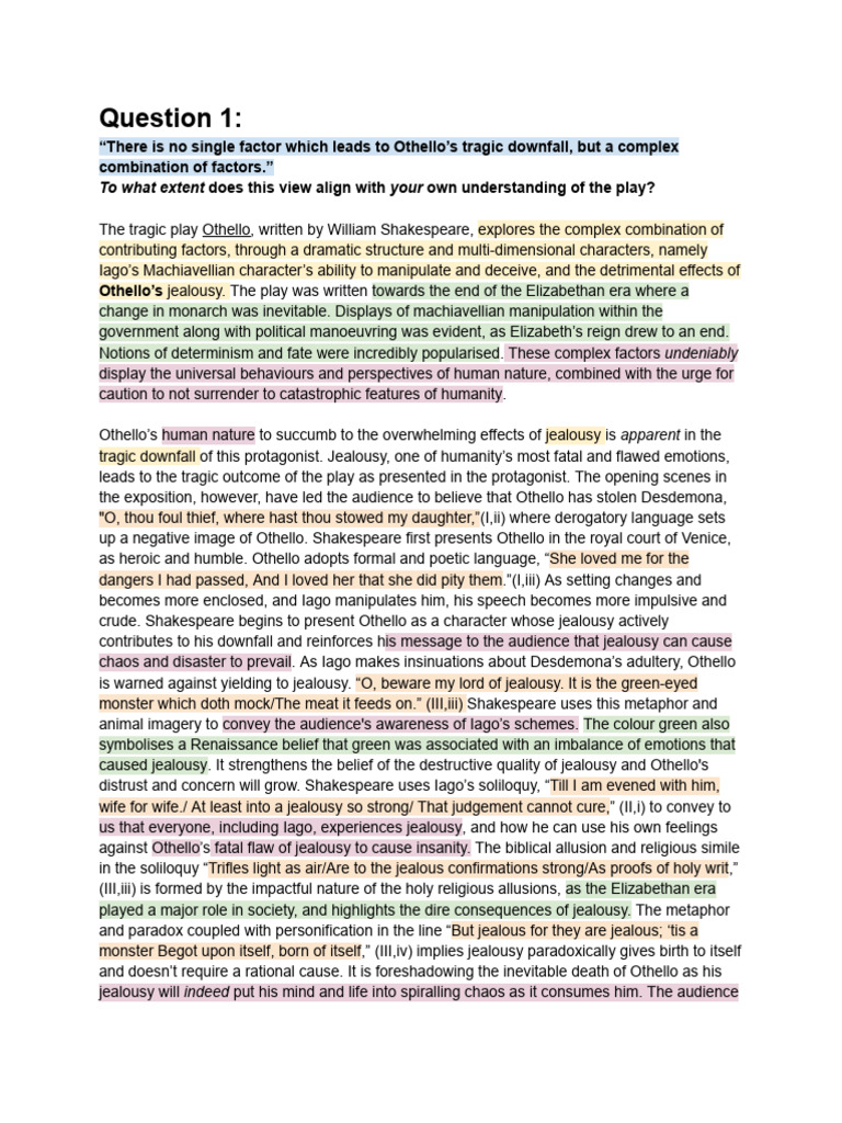 English - Othello Practice Essay - Critical Study | PDF | Othello | Iago