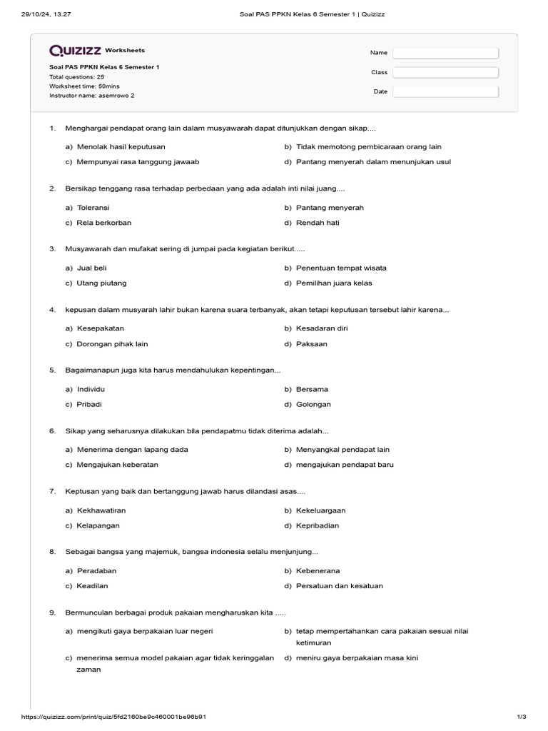 Soal PAS PPKN Kelas 6 Semester 1 | PDF