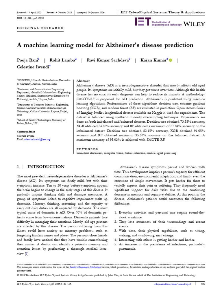 A Machine Learning Model For Alzheimers Disease P Pdf Sensitivity And Specificity Dementia