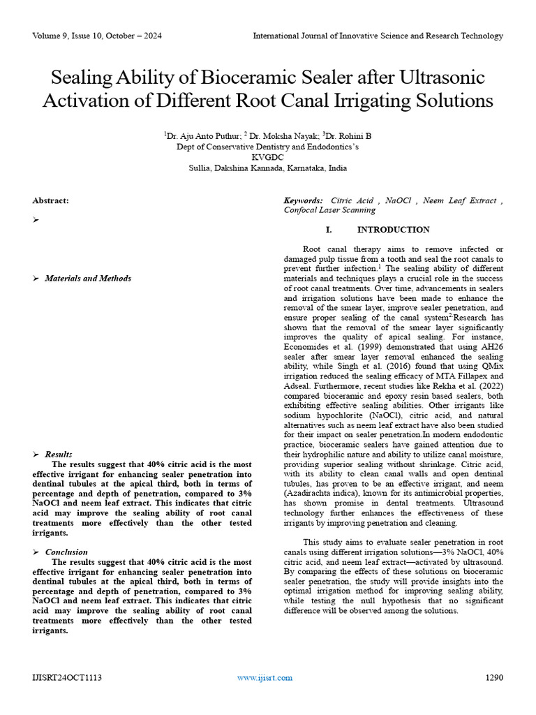 Sealing Ability of Bioceramic Sealer After Ultrasonic Activation of ...