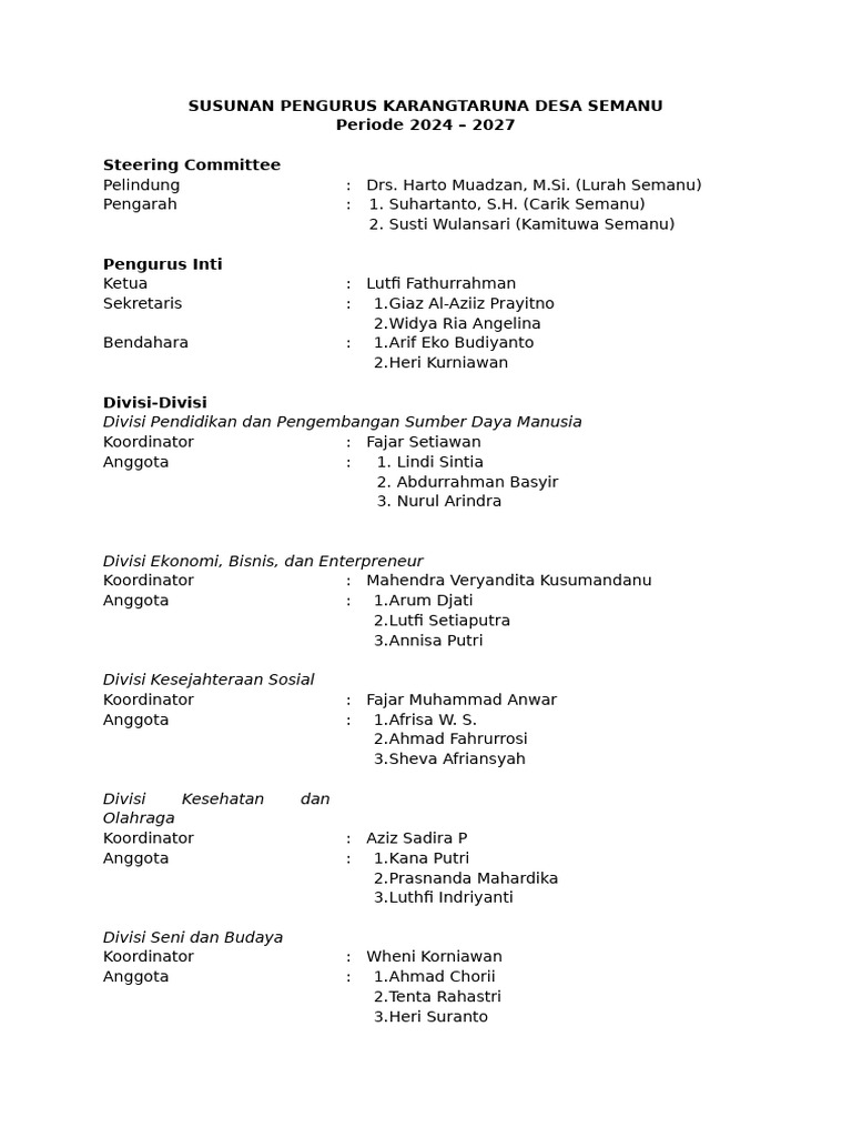 Susunan Pengurus KT Sinar Taruna 2024-2027 | PDF