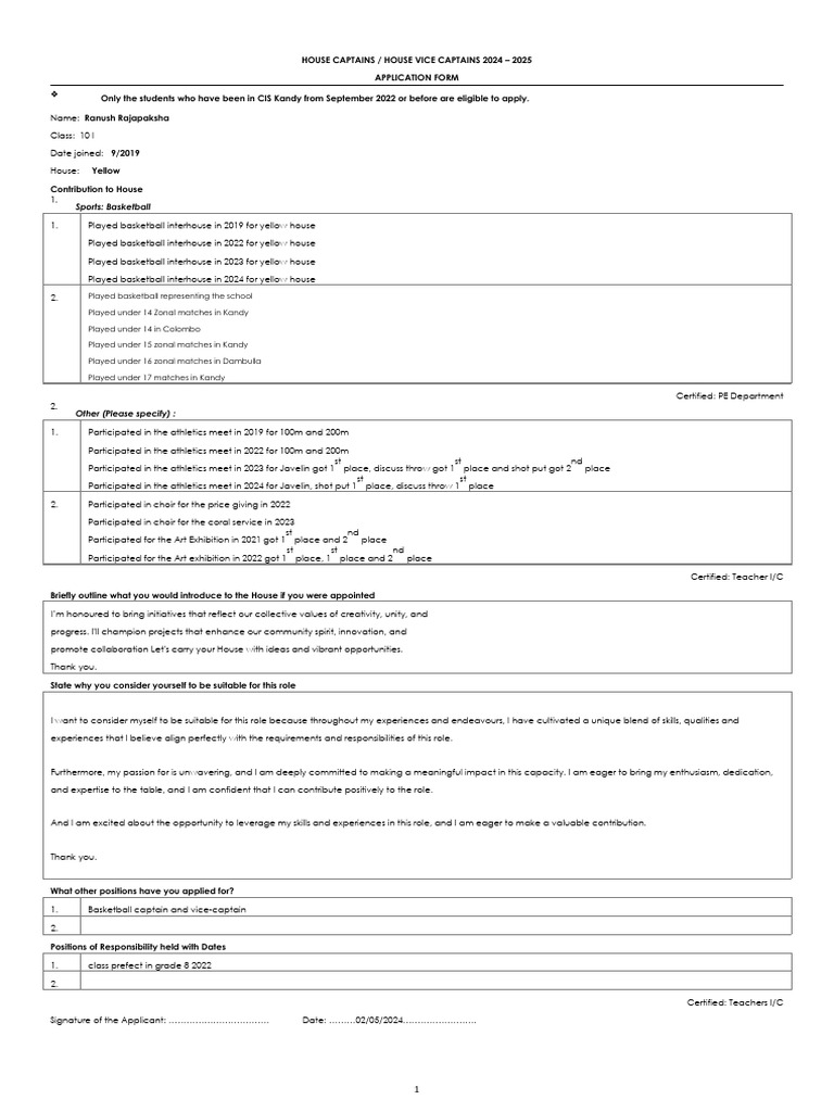 House Captain Application 2024-2025 | PDF