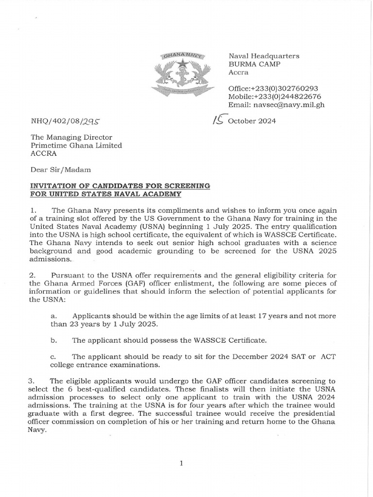 Invitation of Candidates For Screening For USNA - Primetime Ghana ...