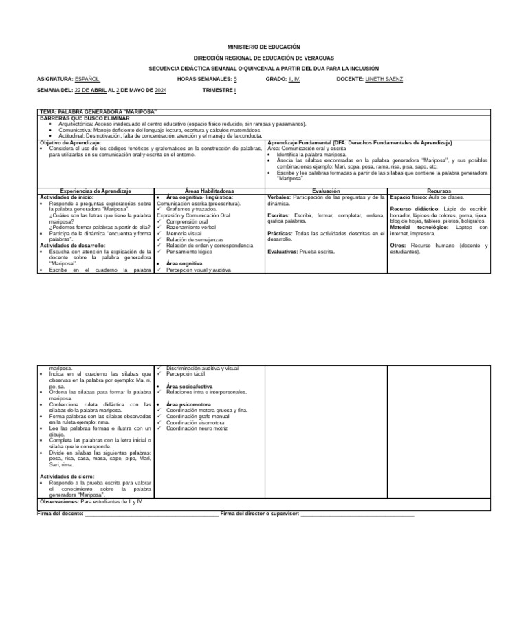 Planificación Palabra Generadora | PDF | Comunicación | Aprendizaje