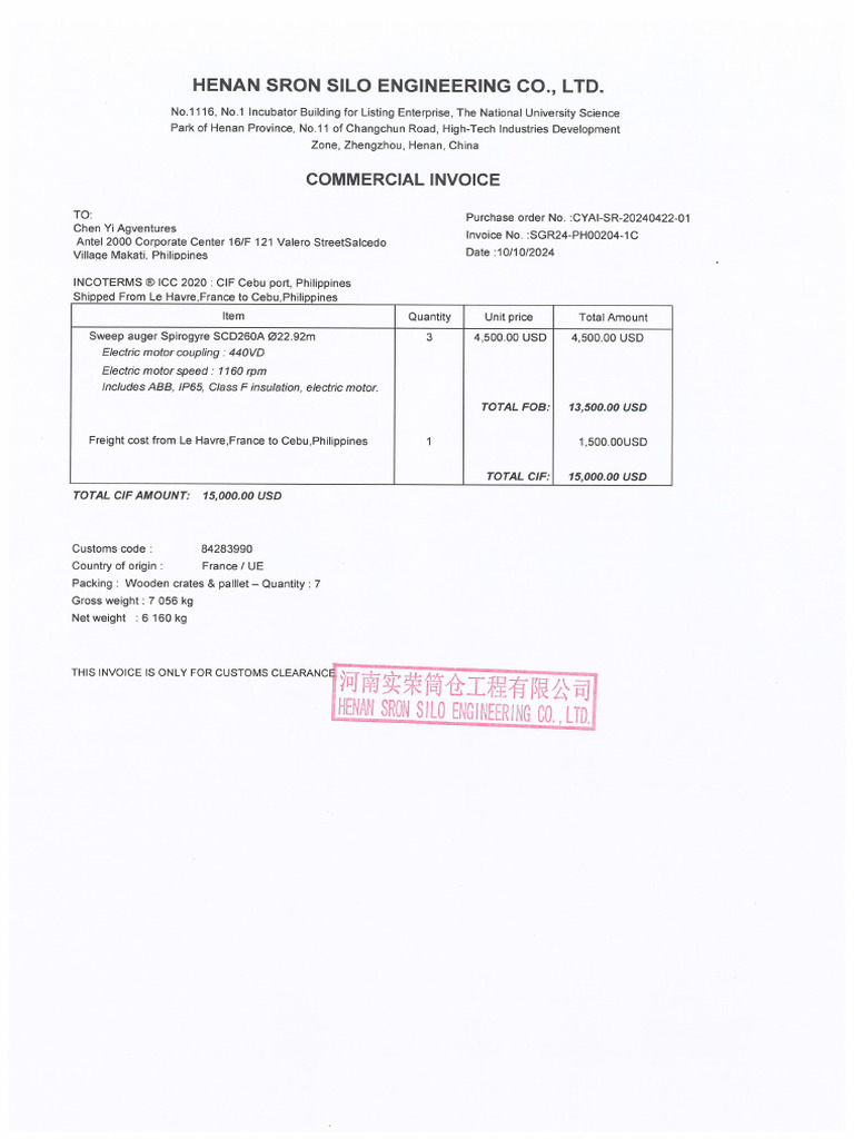 SCAN - Invoice For Customs Clearance | PDF