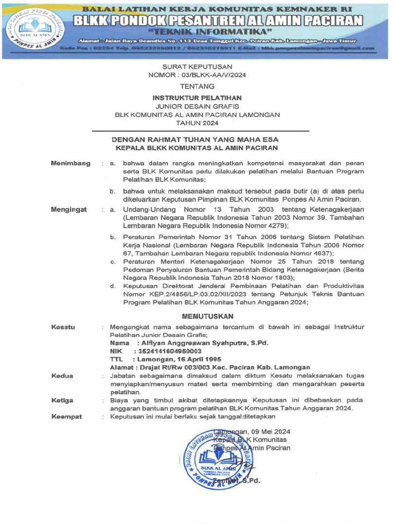 SK INSTRUKTUR PELATIHAN OKE 2024 - 11zon | PDF