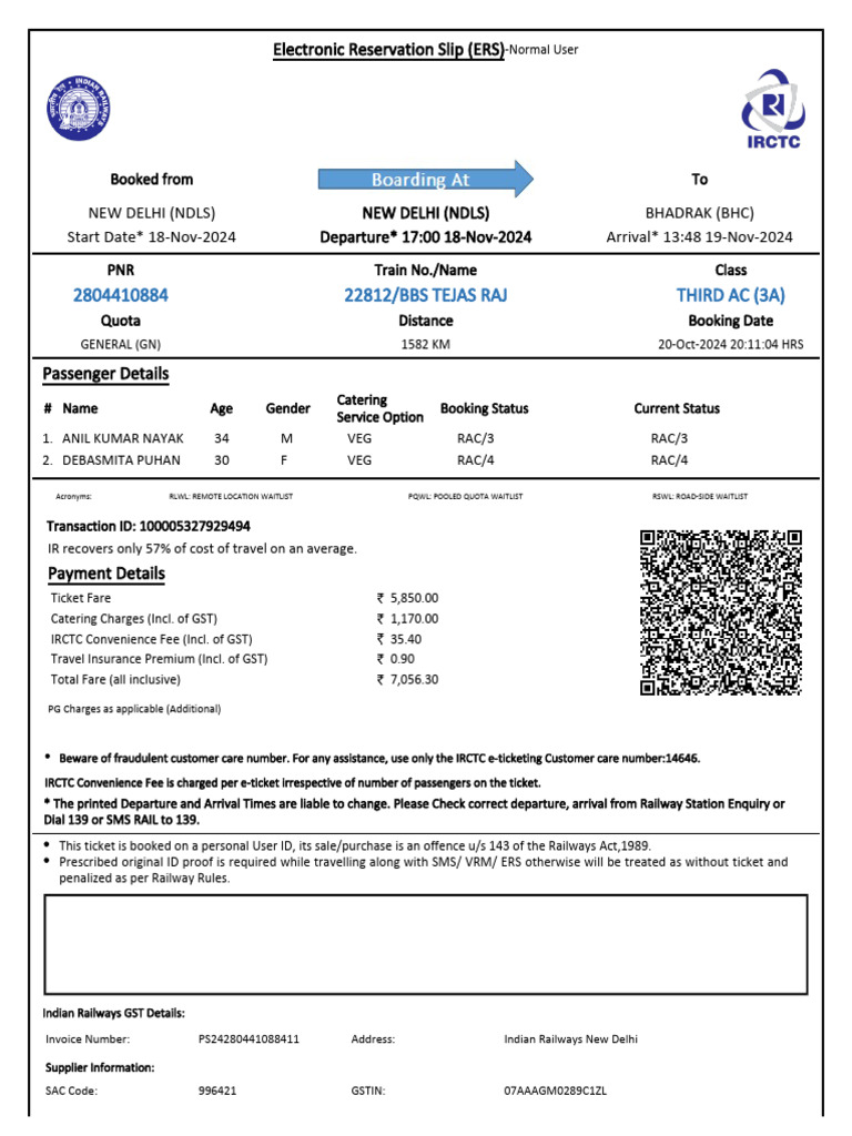 22812/Bbs Tejas Raj Third Ac (3A) | PDF | Identity Document | Payments