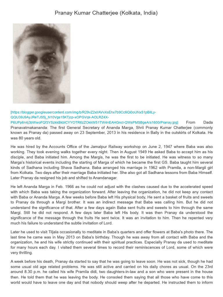 Pranay Kumar Chatterjee (Kolkata, India) - Ananda Marga Memorial | PDF