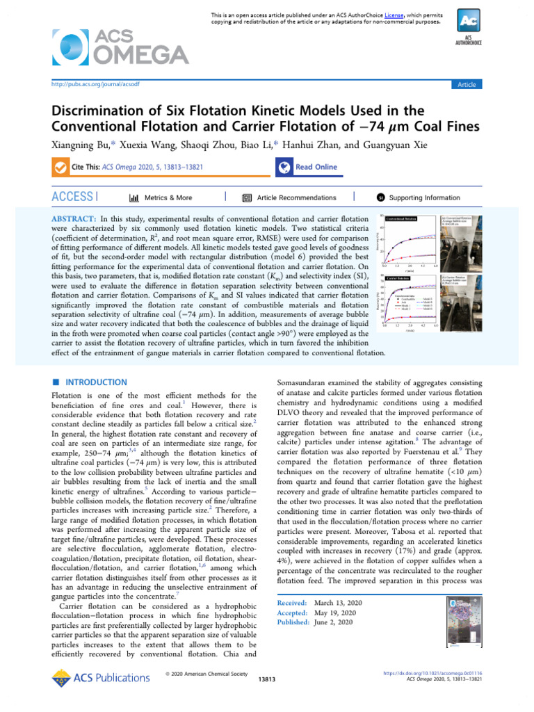 Bu Et Al 2020 Discrimination of Six Flotation Kinetic Models Used in ...