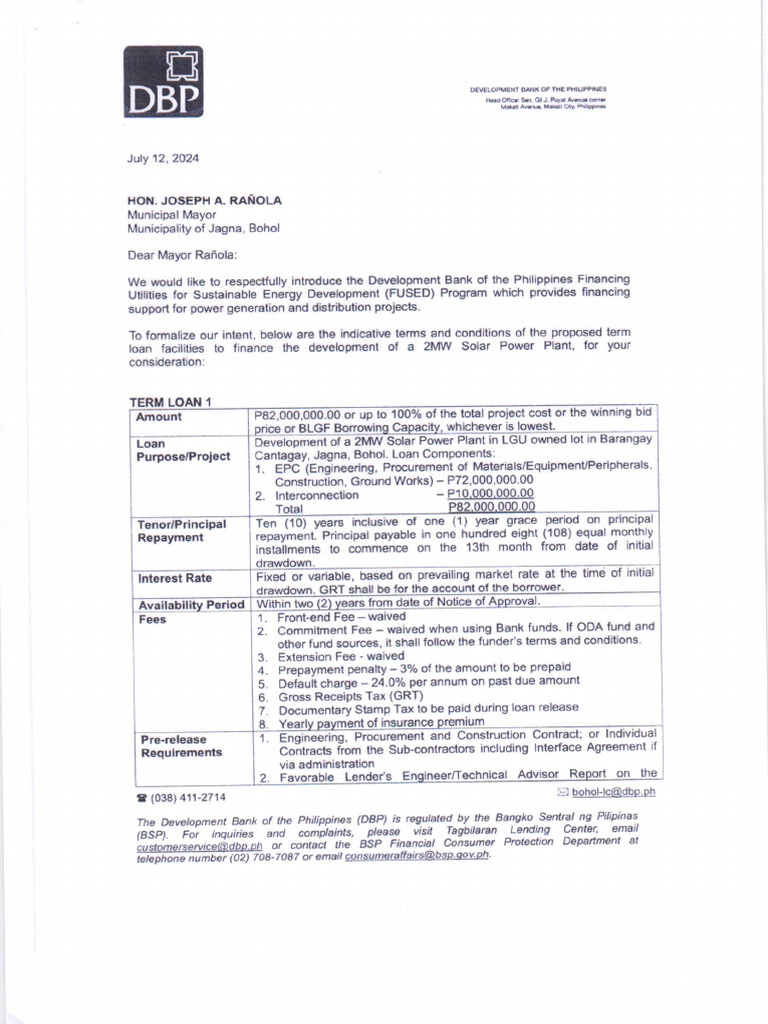 DBP (FUSED) Program - Terms & Conditions For 2MW Solar Power Plant of ...