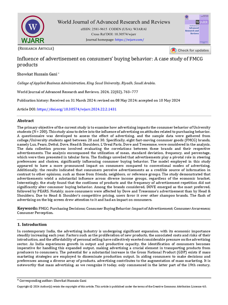 Influence of Advertisement On Consumers' Buying Behavior: A Case Study ...