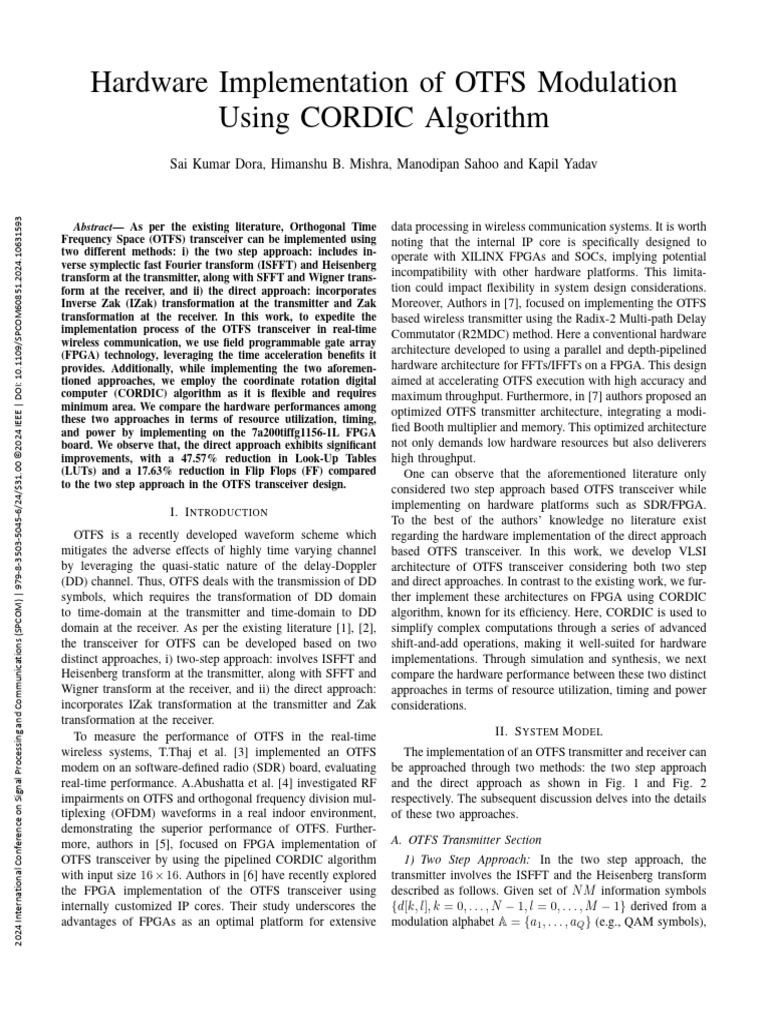 Hardware Implementation of OTFS Modulation Using CORDIC Algorithm | PDF | Fast Fourier Transform ...