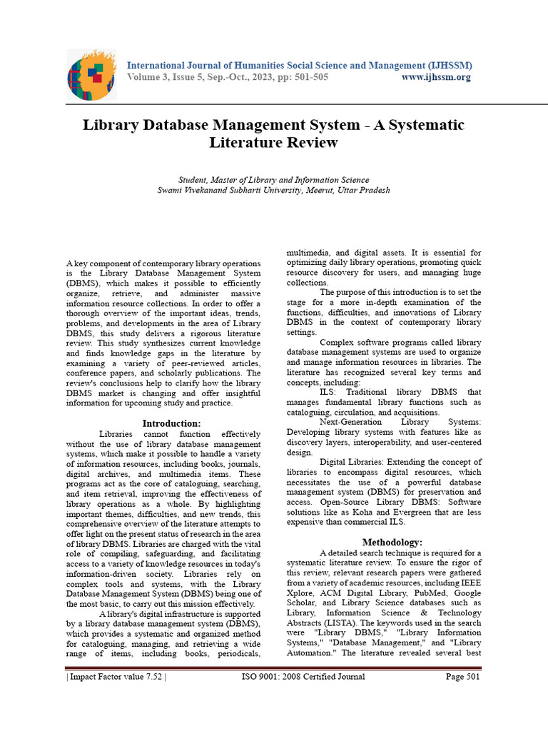 Library Database Management System A Systematic Literature Review | PDF | Databases | Libraries