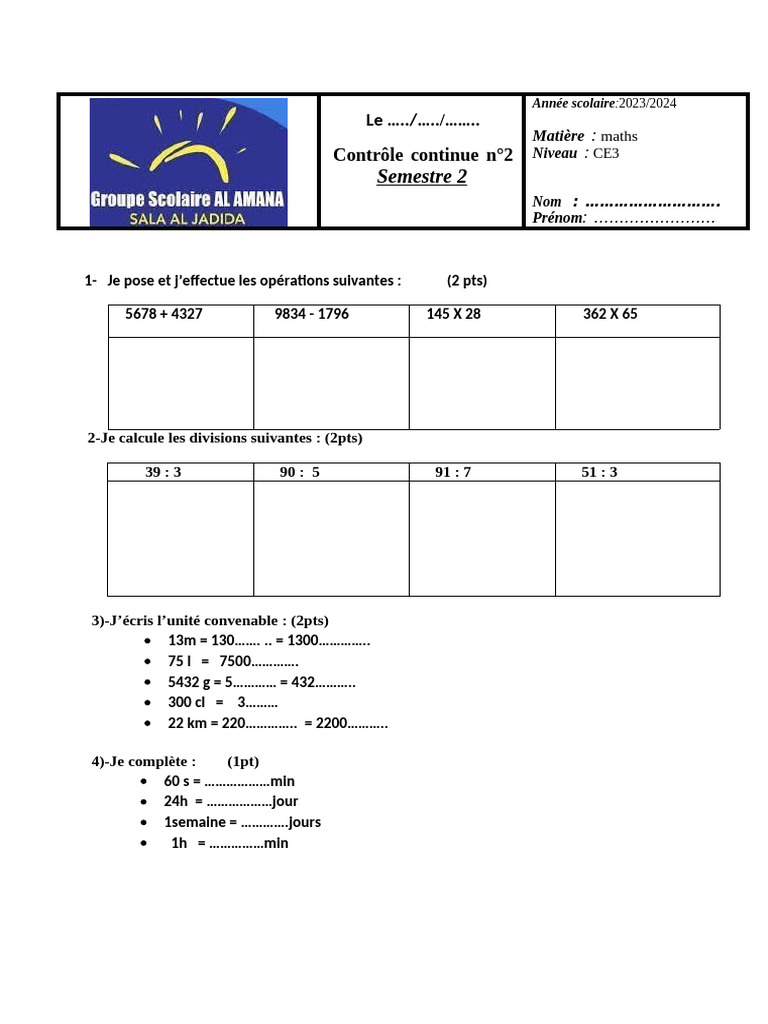 Contrôle de maths CE3 - Semestre 2 | PDF